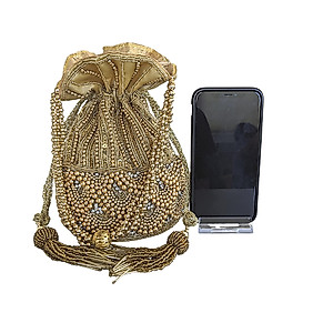 Women Handmade Beadwork Motif, Indian Potli Bag, Drawstring Bucket Bag, Bridal Evening Purse In Gold (Gold #1)