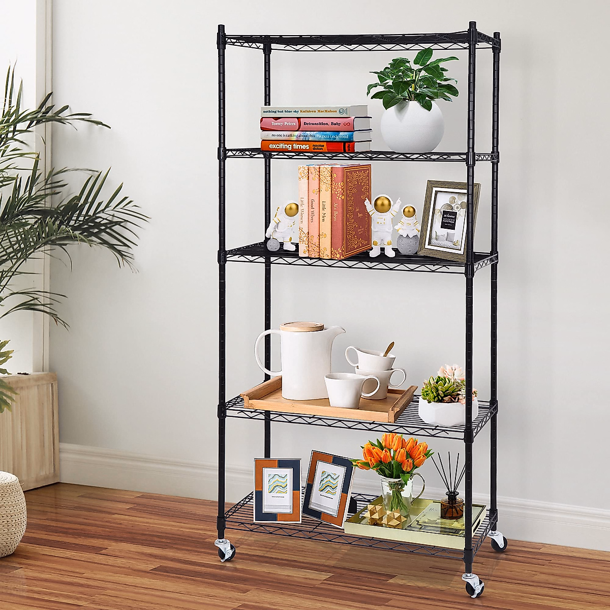 JupiterForce 5-Shelf Adjustable, Heavy Duty Storage Shelving Unit with 4 Wheel Casters, Metal Organizer Wire Rack for Kitchen, Office, Garage, Black (30L x 14W x 62H)