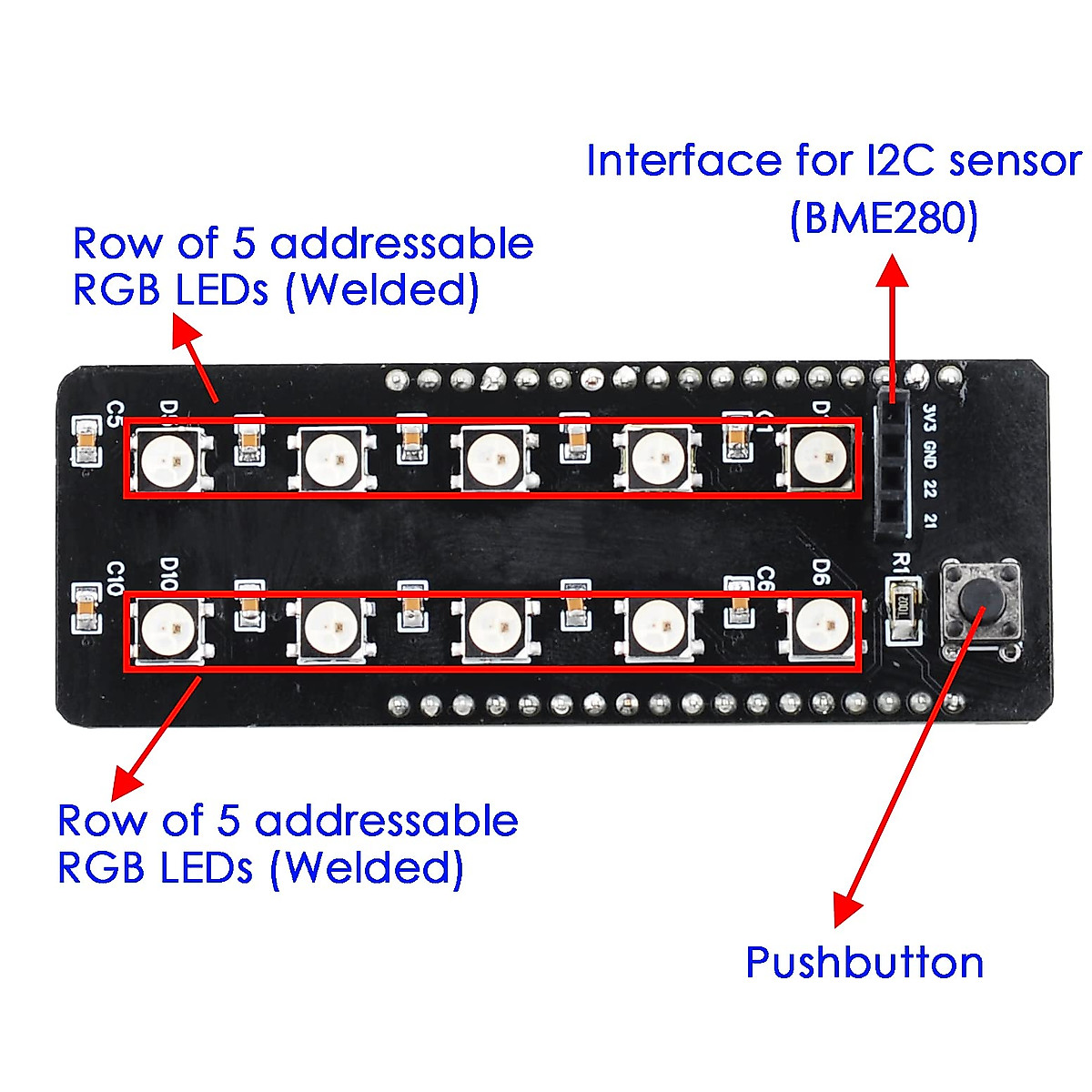 DIYmall ESP32 DEVKIT V1 ESP32-WROOM-32 Development Board + Assembled RGB LED Status Indicator Addressable PCB Shield for Arduino IOT BME280 DIY Project
