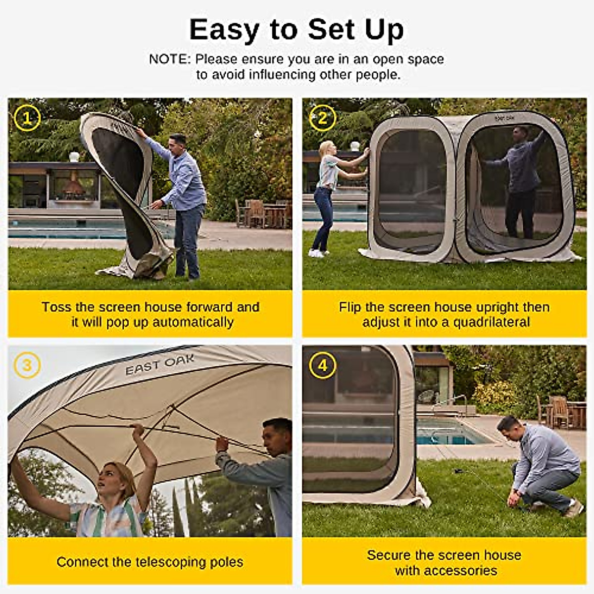 EAST OAK Screen House Tent Pop-Up, Portable Screen Room Canopy Instant Screen Tent 6 x 6 FT with Carry Bag for Patio, Backyard, Deck & Outdoor Activities, Beige