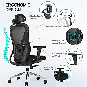 Ergonomic Office Chair, Big and Tall Office Chair with Tilt Function, mesh Office Chair with 3D Lumbar Support, 3D Bi-axial Headrest, 4D Adjustable Armrests, Seat Depth Adjustable Computer Chair