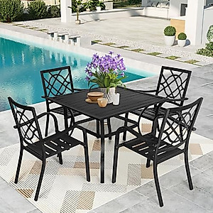 SUNCROWN 5-Piece Outdoor Wrought Iron Chairs and Table Patio Dining Furniture Set - 4 Stackable Metal Chairs, 1 Steel Slat Bistro Table for Garden Backyard Deck