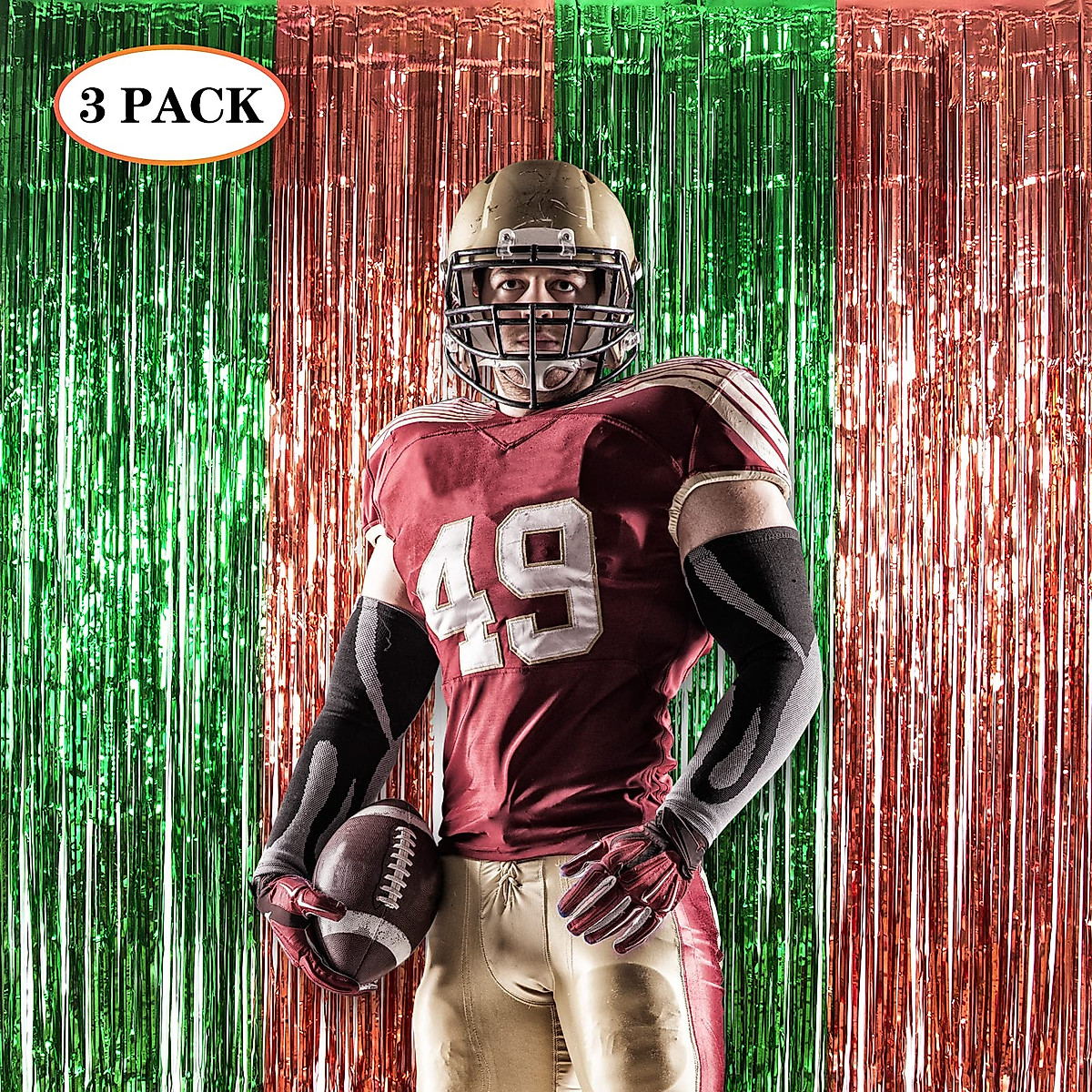 LOLStar 3 Pack Superbowl Photo Booth Prop, Football Party Decorations, 3.3x6.6 ft Dark Green and Brown Foil Fringe Curtain Photo Backdrop for Super Bowl Sunday Party, Football Themed Party Decoration