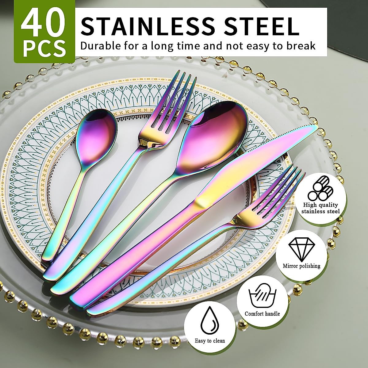 Silverware Set 40 Pieces Service for 8, ReaNea Rainbow Flatware Set, Titanium Plating Cutlery Set Include Dinner Knives, Dinner Spoons, Dinner Forks, Teaspoons, Salad Forks, Dishwasher Safe