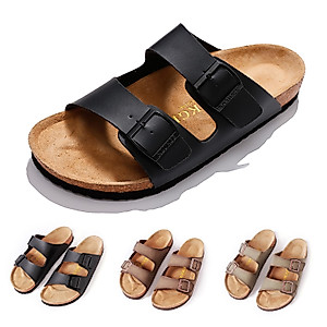 KLUKGE Mens Cork Sandals,Adjustable Buckle Leather Non-Slip Slippers Women's Flat Slide Cork Footbed Sandals Unisex Shoes, Arch Support(Black US 12)