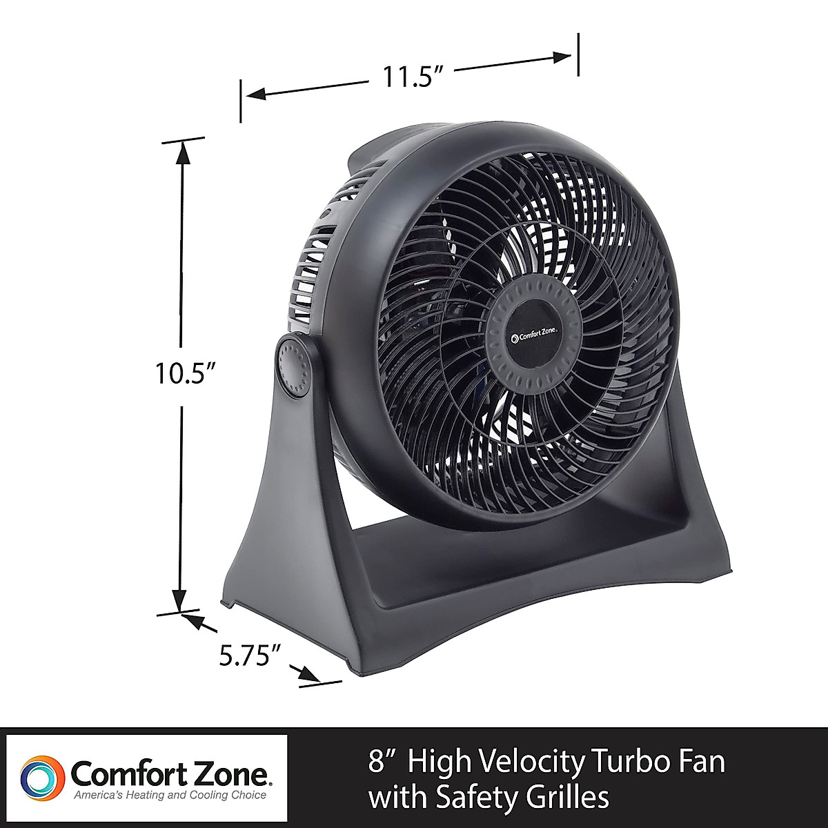 Comfort Zone CZHV8T 8” 3-Speed, Wall-Mountable Table Fan with 180-Degree Adjustable Tilt, Black