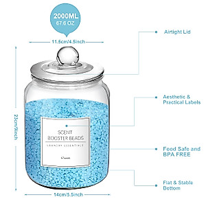 SLICHIO Glass Jar for Laundry Room Organization and Storage Jars with Airtight Lid 2 Pack Half Gallon Glass Containers for Laundry Pods, Laundry Detergent, Dryer Sheet with Labels Spoons and Pen