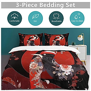 SceuQertc Red Geisha Girl Bedding Comforter Sets Lightweight Ultra Soft Comforter Bedding Set 3 Pieces (1 Duvet Cover, 2 Pillowcases) with Zipper Closure