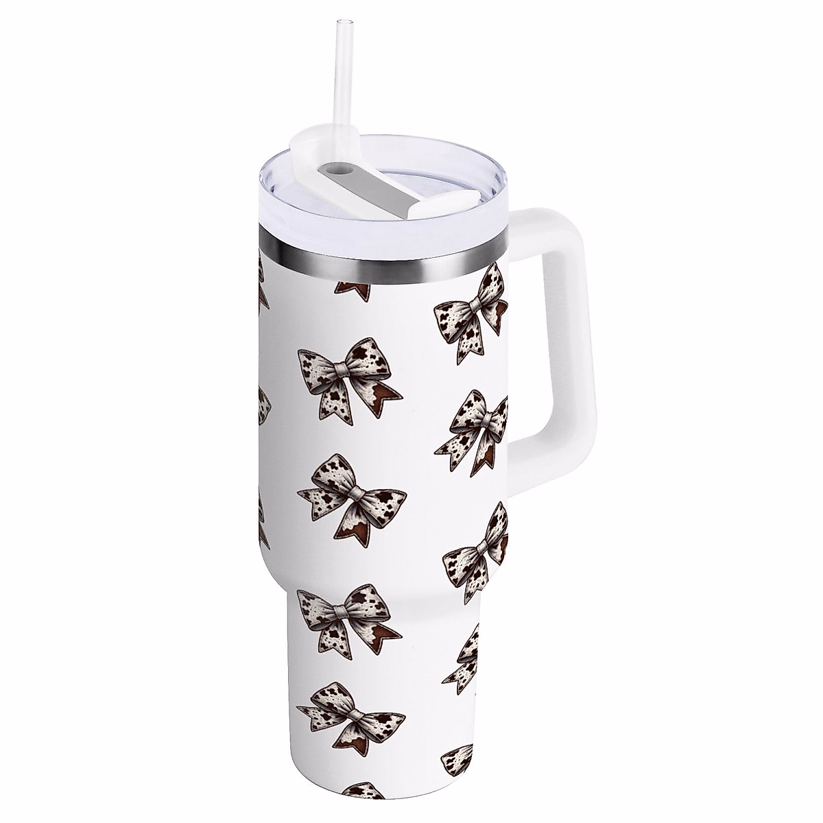 Jihqo Cow Print Bows 40 oz Stainless Steel Vacuum Insulated Tumbler with Handle and Straw Lid, Leakproof Water Bottle Double Wall Travel Mug Coffee Cup, Cupholder Friendly