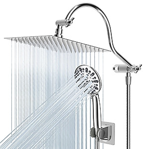 Hibbent All Metal Shower Head, 10'' High Pressure Rainfall Shower Head/Handheld Showerhead Combo with 12'' Adjustable Curved Shower Extension Arm, 7-Spray, 71'' Shower Hose, Showerhead Holder, Chrome