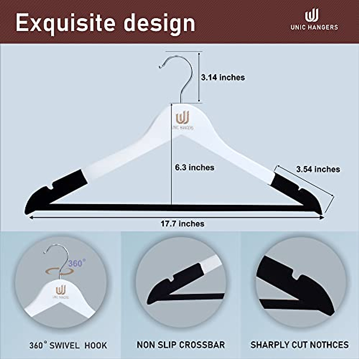 Unic Hangers - Non Slip White Wooden Hangers 10 Pack– Thin Hangers Velvet on Shoulders and Bar for Clothes. Hangers with 360° Swivel Hooks. Chic Wood Coat Hangers for Closet for a Classy Wardrobe