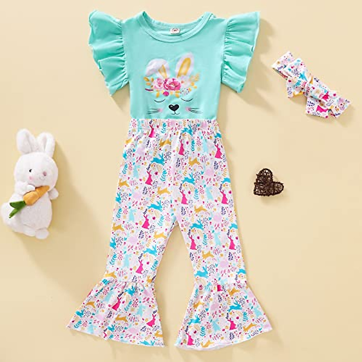 Toddler Girl Easter Clothes Outfits Fly Sleeve Rabbit Shirt Top Colorful Bunny Bell-Bottoms Headband 3Pcs Set (Green Print Rabbit, 18-24 Months)