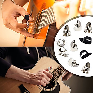 12PCS Steel Finger Thumb Picks Set, Including 8 Pieces Silver Stainless Finger Picks and 4 Pieces Black Thumb Picks for Guitar Banjos Other Instruments (Silver, Black)