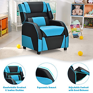 Costzon Kids Recliner, Gaming Recliner Chair w/Footrest, Headrest & Lumbar Support, Ergonomic Leather Lounge Chair for Living & Gaming Room, Adjustable Racing Style Sofa for Children Boys Girls, Blue