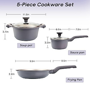 Pots and Pans Set with Premium Nonstick Coating, 5-Piece Kitchen Cookware Sets PFOA & PFAS Free, Pots and Pans Cooking Utensils Set Induction/Gas/Electric Compatible, Dishwasher Safe