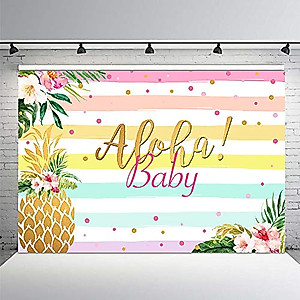 MEHOFOND Aloha Girl Baby Shower Backdrop Confetti Colorful Stripes Summer Tropical Hawaiian Luau Party Beach Seaside Pineapple Floral Background for Photography Photo Booth Banner 7x5ft