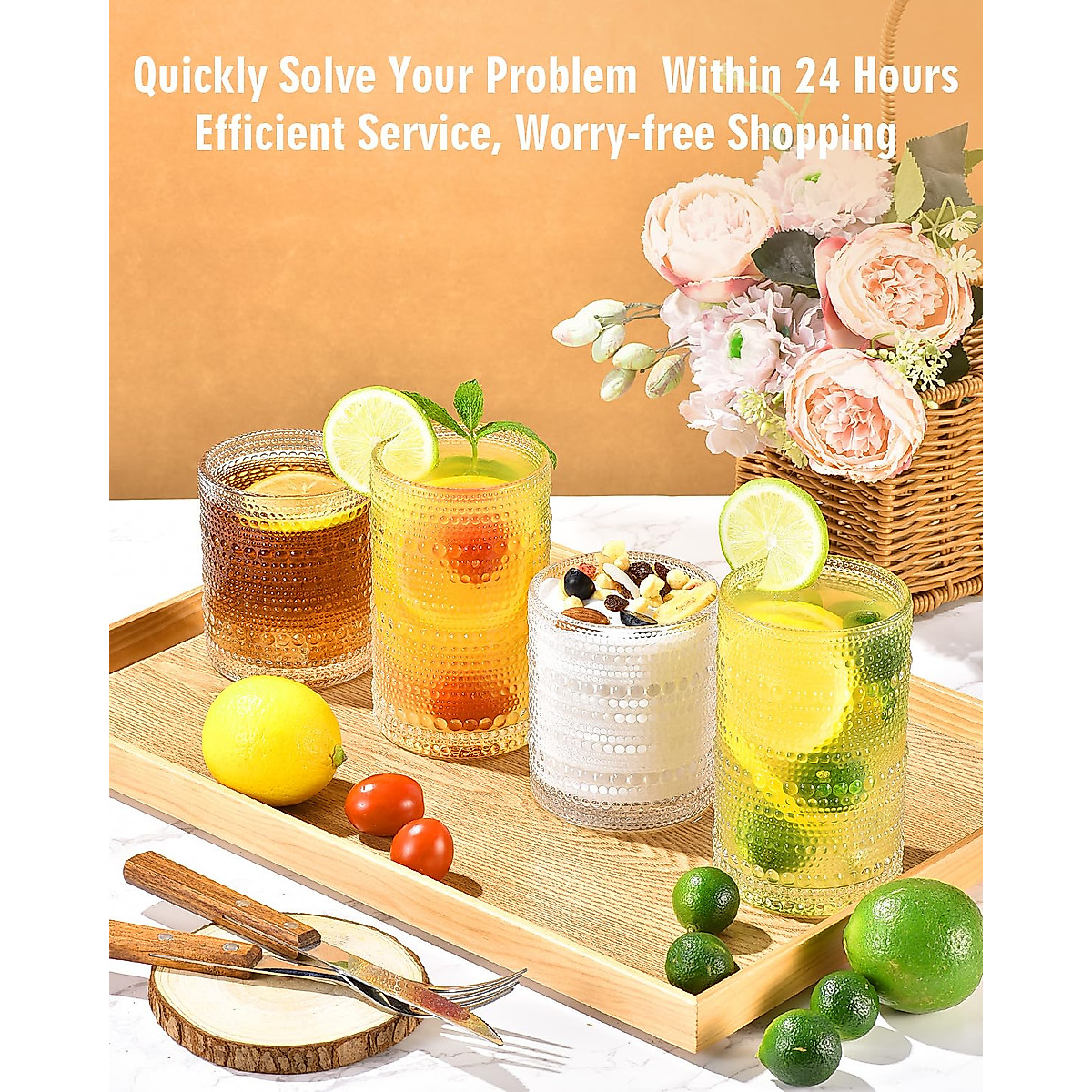 ISMASOAN Vintage Drinking Glasses Set of 8,Hobnail Glassware 14 oz and 12 oz,Bubble Glasses Drinking,Vintage Glassware,Beaded Glassware,Highball Glasses,Gift Box Set