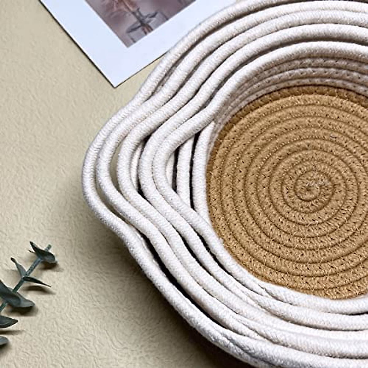 BSMstone 5-Piece Round Small Woven Baskets Set - 100% Natural Cotton Rope Baskets with HandlesKids Montessori Toys, Key Tray,Bowl for Entryway, Jewelry Remote Fruits Desk Home Decor…