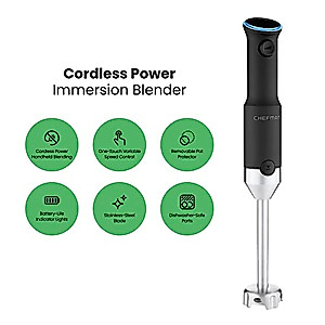 Chefman Cordless Power Portable Immersion Blender, Ice Crushing Power with One-Touch Speed Control, USB Charging, Quickly Mixes Smoothies, Purees Soups, Dips, Sauces, Storage Case, Stainless Steel
