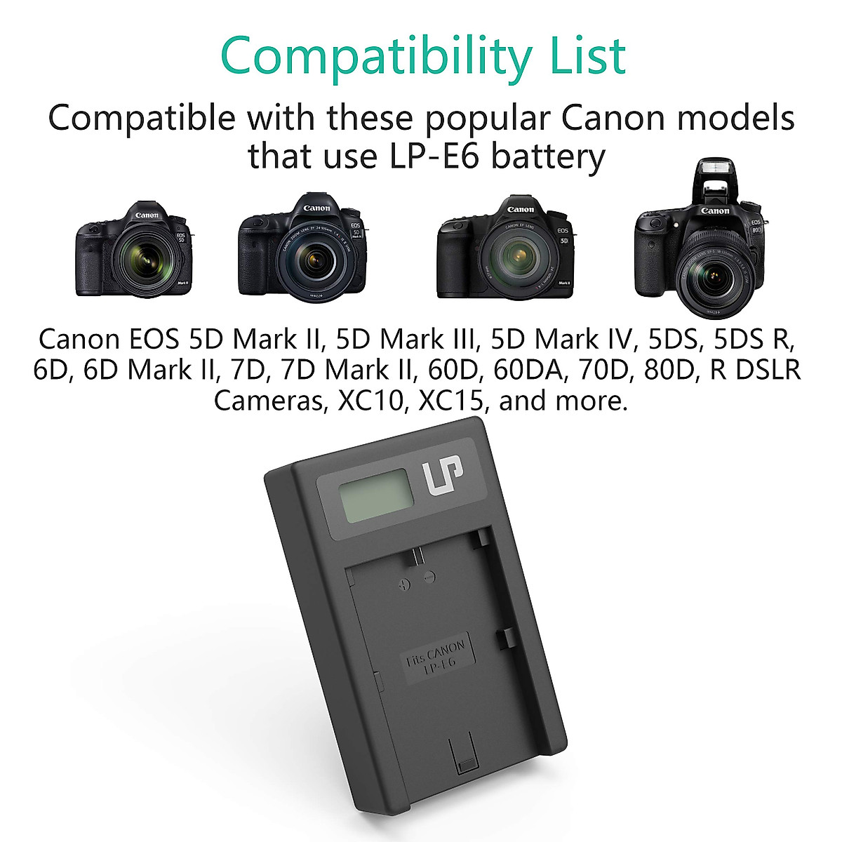 LP-E6 LP E6N Battery Charger, LP Charger Compatible with Canon EOS 90D, 80D, 70D, 60D, 60DA, 7D Mark II, 7D, 6D Mark II, 6D, 5D Mark IV, 5D Mark III, 5D Mark II, 5DS, 5DS R, R5, R6 DSLR Cameras & More