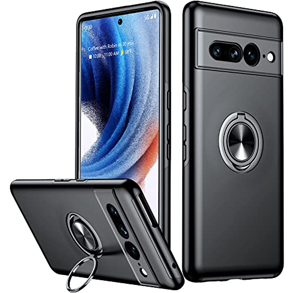 okzilla for Google Pixel 7 Pro Case, with [360 Rotation Ring Bracket Stand] [No Fall-Off Kickstand] [Military Grade Drop Protection] Slim Thin Shockproof Phone Case Cover 6.7 inch - Black