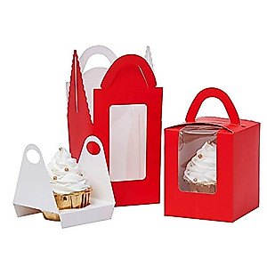 Walk Arrive Cupcake Box Clear Display Window with Strong Handle and Secure Insert Cake Box Bakery Box Cupcake Carrier Cupcake Holder Container for Baby Shower Wedding Birthday Festival Party (10, Red)
