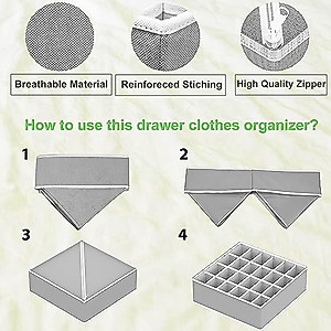 FFVLLAFE 6 Pack Sock Underwear Drawer Organizer Dividers, Foldable Fabric Dresser Closet Organizers and Storage Bins for Clothing, Baby Clothes, Bra, Panty, Scarf, Ties (Gray)