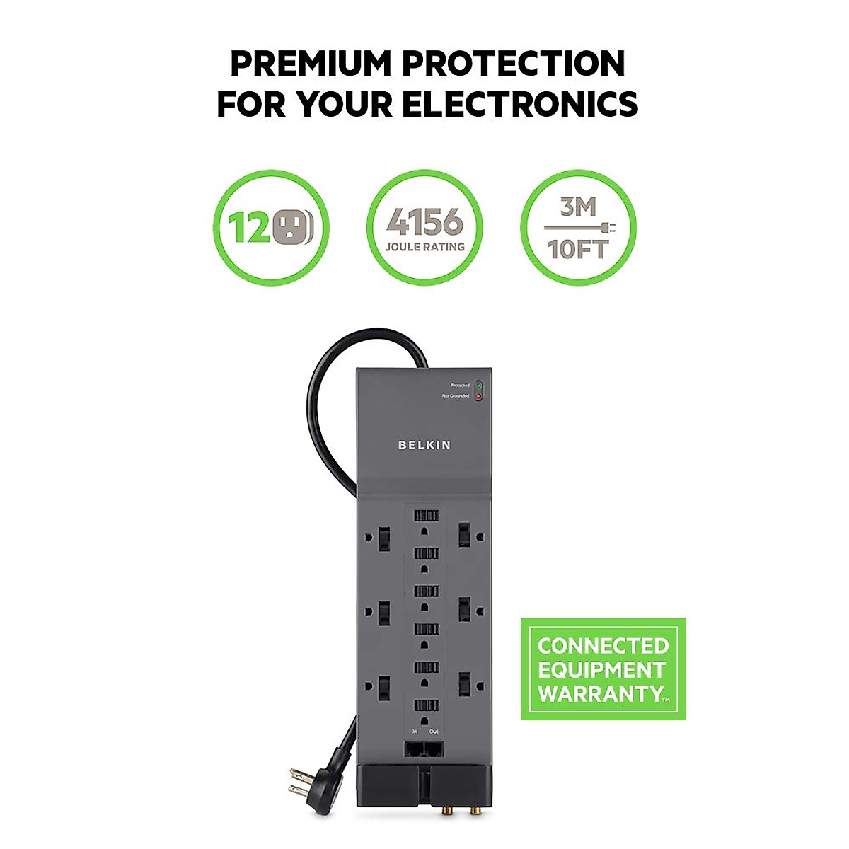 Belkin 12-Outlet Power Strip Surge Protector, Flat Plug, 10ft Cord (4156 Joules), Gray & 6-Outlet Power Strip Surge Protector, Flat Rotating Plug, 6ft Cord (600 Joules)