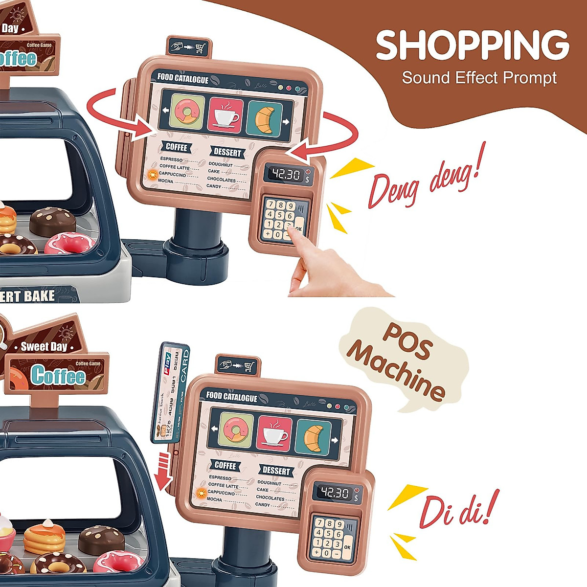 Pretend Role Play Toy Kids Coffee Maker Playset, ACROFEK Toy Coffee Maker with Sound Light, Play Coffee Maker Set for Kids with Fake Donuts (41PCS)