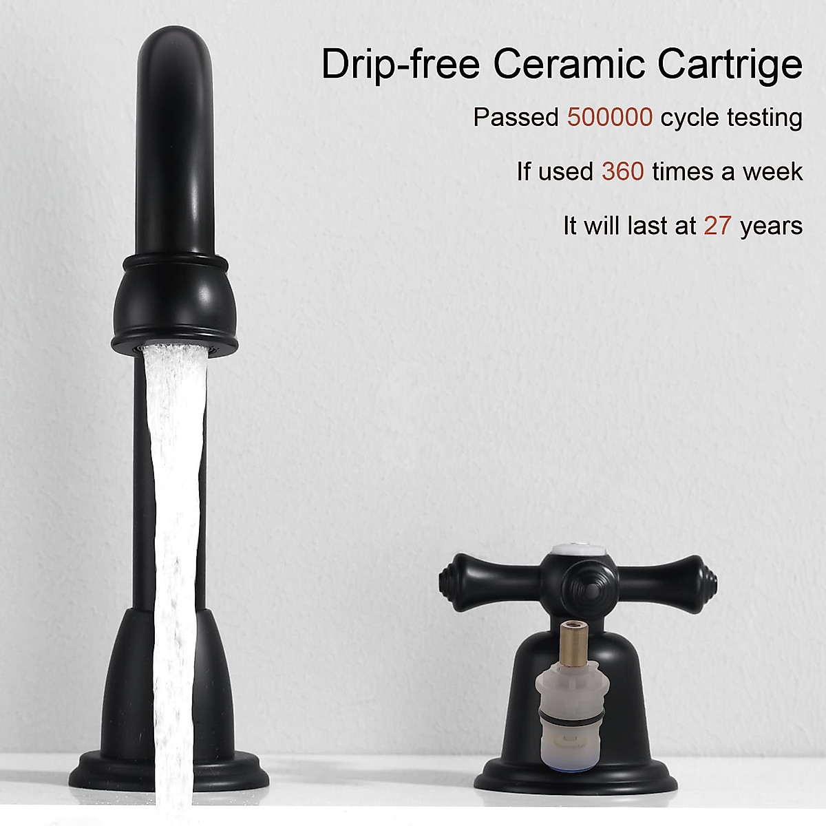 RKF Bathroom Faucets for Sink 3 Hole Matt Black 8 inch Widespread Bathroom Sink Faucet with Drain 2 Handles Cross Knobs Faucet Bathroom Vanity Faucet Basin Mixer Tap Faucet with Hose & Deck CWF039-MB