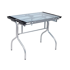 Studio Designs Folding Modern Glass Top Adjustable Drafting Table Craft Table Drawing Desk Hobby Table Writing Desk Studio Desk, 35.25" W x 23.75" D, Silver / Blue Glass