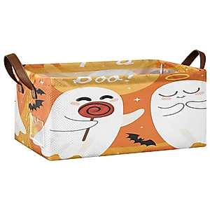 Exnundod Collapsible Storage Bin Halloween Ghost Boo Cute Organizer Storage Shelf Basket Cartoon Storage Boxes with Handles for Closet Blanket Toys Home Dorm Office