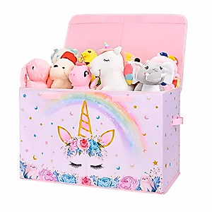 WERNNSAI Unicorn Toy Box - Collapsible Oxford Storage Bin with Handles 25" x 13" x 16" Toys Clothes Books Chest Organizer Cube with Flip-top Lid for Girls Kids Bedroom Nursery Living Room