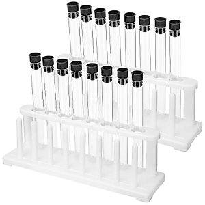 Saysurey 2 Sets Test Tubes with Rack, 16 Pcs Clear Plastic Test Tubes with Caps and 2 Pcs 8 Holes Test Tube Holder with 8 Drying Pins Test Tubes with Stand for Scientific Experiment Nurse Party Favors