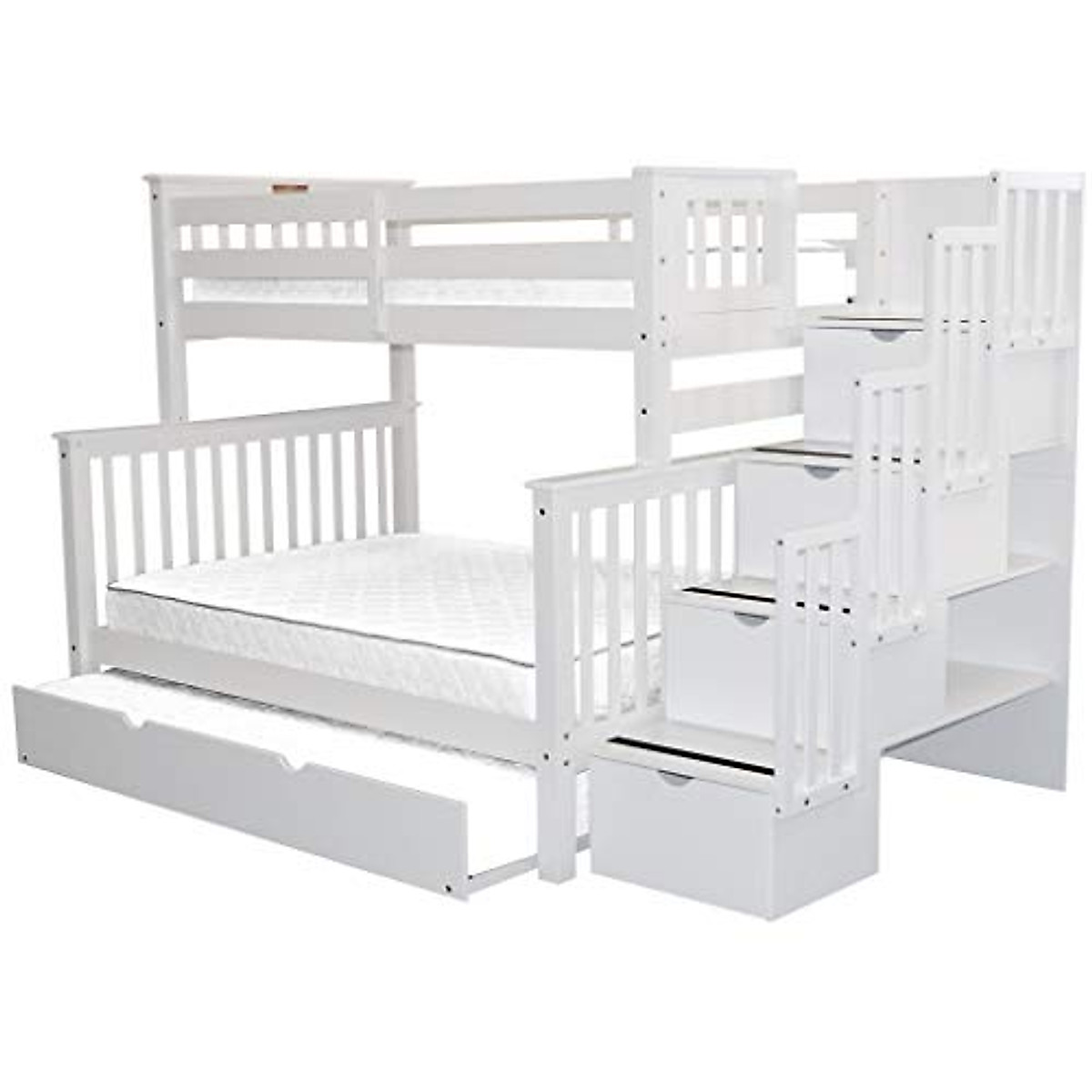 Bedz King Stairway Bunk Beds Twin over Full with 4 Drawers in the Steps and a Full Trundle, White