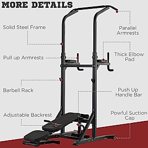 Soozier Pull Up Dip Station, Foldable Power Rack with Adjustable Weight Bench, Multi-Function Power Tower Workout Station for Home Gym Strength Training