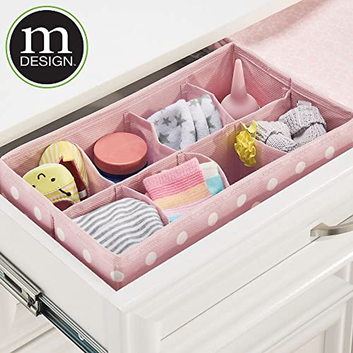 mDesign Fabric 8-Section Divider Drawer Organizer Bin for Baby Nursery Dresser, Closet, Shelf, Changing Table Organization, Hold Clothes, Toys, Diapers, Bib, Blanket - Pink/White Polka Dot