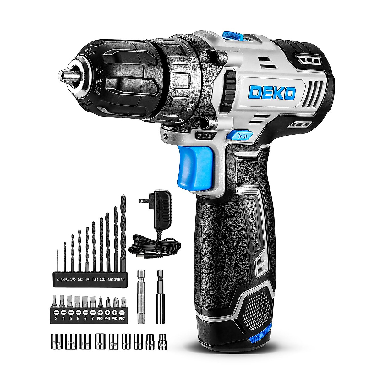 DEKOPRO Cordless Drill, 12V Rechargable Battery Electric Power Impact Drill Driver Set for Home