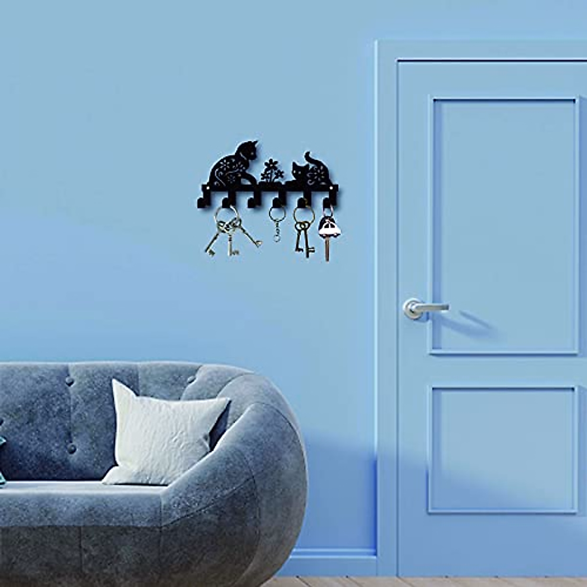 CREATCABIN Metal Key Holder Black Key Hooks Wall Mount Hanger Decor Hanging Organizer Rock Decorative with 6 Hooks Cat and Flower Pattern for Front Door Entryway Cabinet Towel 10.6 x 5.1inches