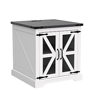 JXQTLINGMU Farmhouse End Table, 24" Large Sofa Side Table with Charging Station, Mesh Barn Door, and Adjustable Storage Shelf, Rustic Wood Square Nightstand for Living Room, Bedroom, Office, White