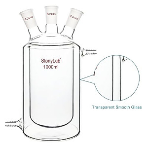 stonylab Jacketed Reaction Flask, Flat Bottom Double Layer Reaction Vessel with Three 24/40 Standard Joints, 1000 ml