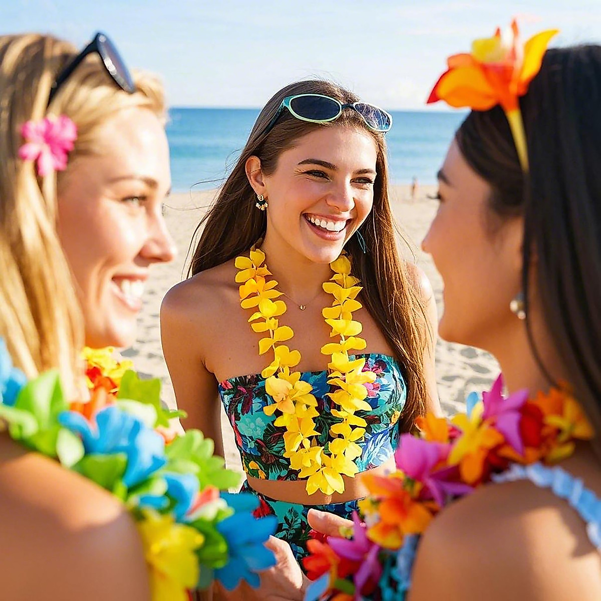 36 Counts Hawaiian Leis Necklace Tropical Luau Hawaii Silk Flower Lei Theme Party Favors Wreaths Headbands Holiday Wedding Beach Birthday Decorations (3 Dozens)