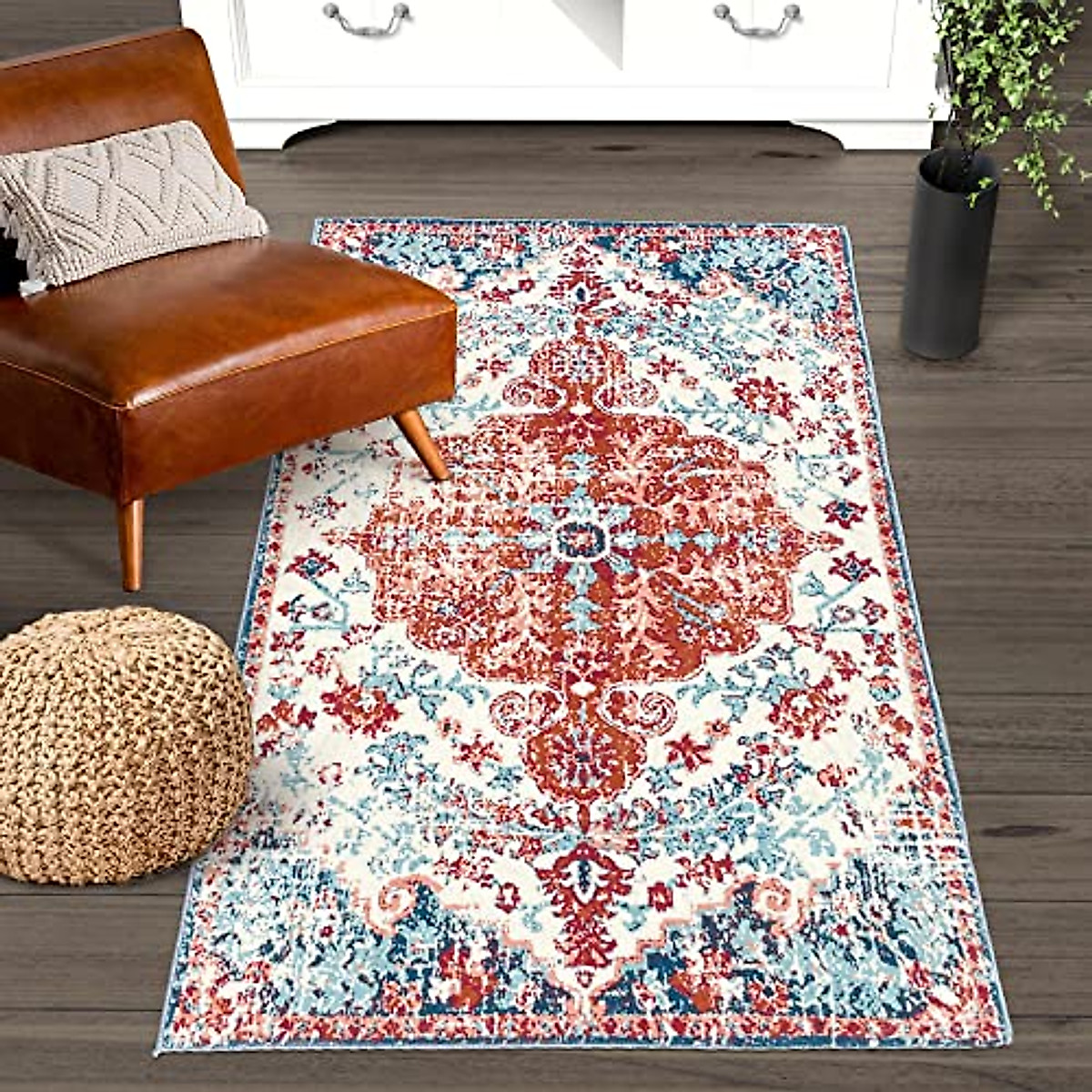 EARTHALL Boho Rug 3x5 Washable Persian Distressed Tribal Entry Throw Area Rug Faux Wool Soft Fuzzy Kitchen Rugs Non-Slip Low-Pile Indoor Accent Rug for Dining Table Living Room