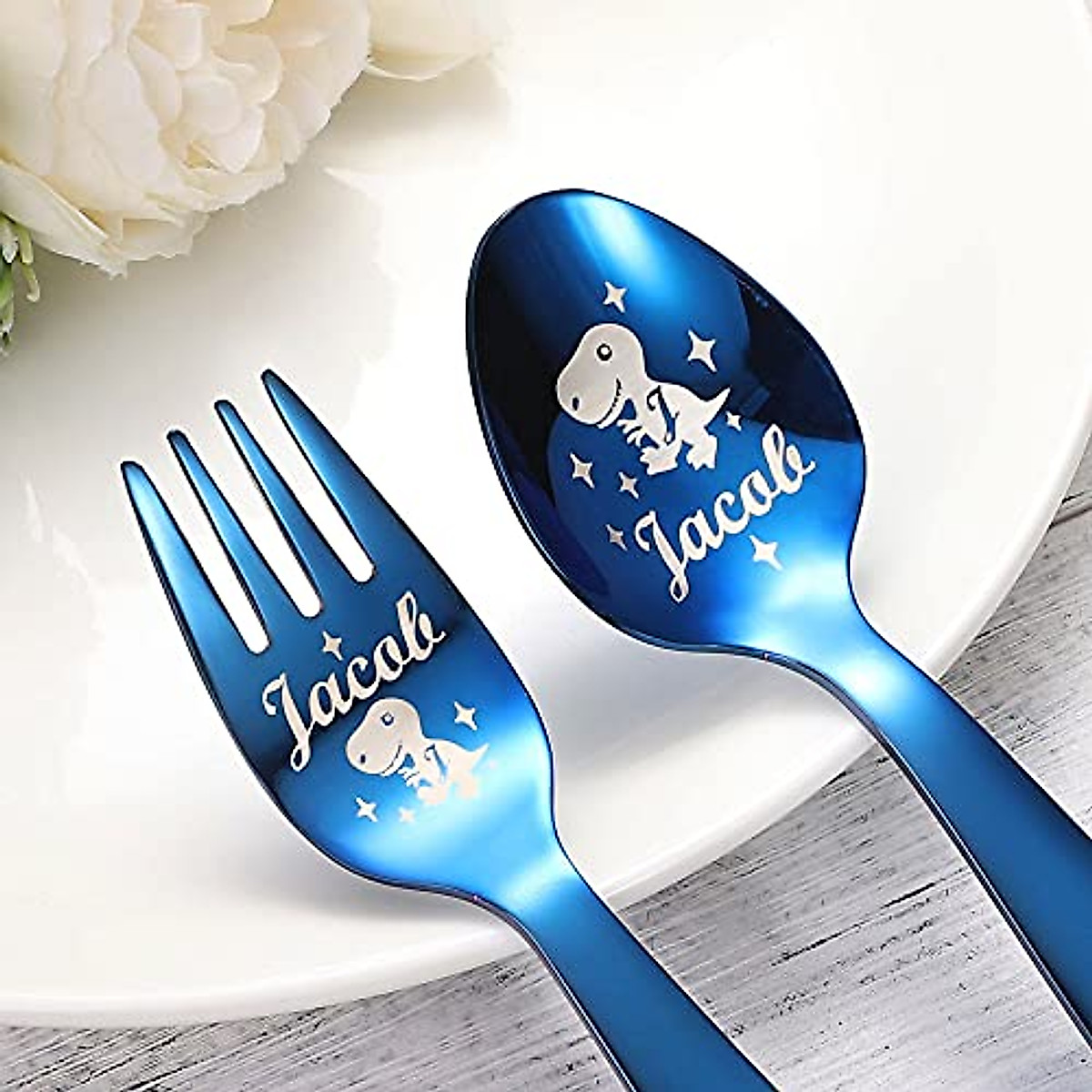 Personalized Dinosaur Unicorn Cutlery Set - Custom Name Engraved Spoon Knife Fork Set - Children's Stainless Steel Cutlery Set for Kitchen Kids