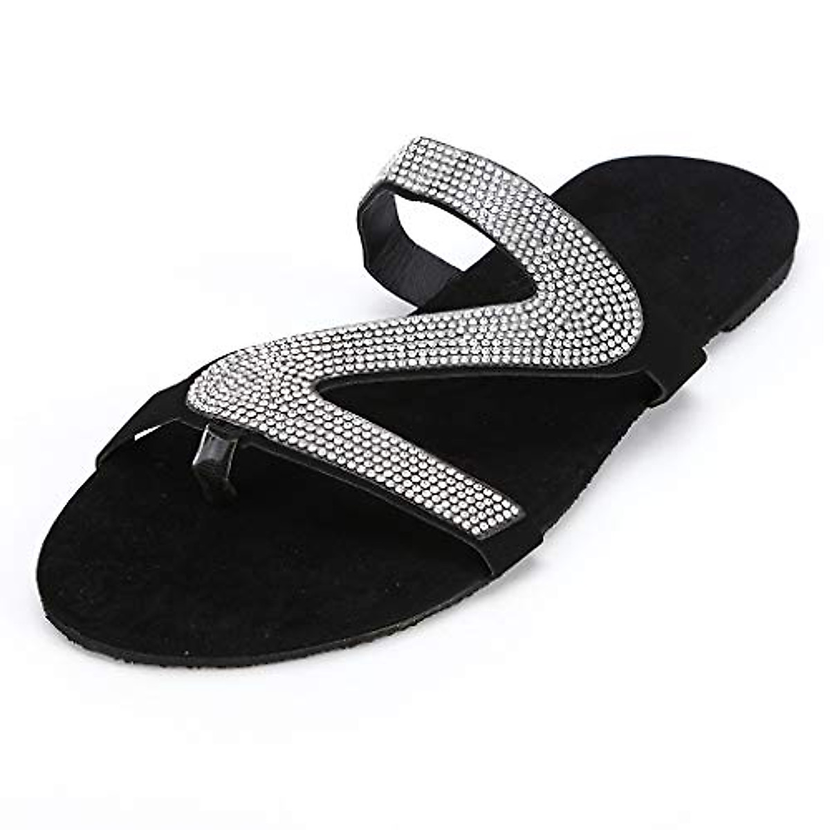 POTO Sandals for Women Casual Summer Rhinestone Glitter Flat Sandals Slide Sandal Roman Shoes Beach Flip Flops Slippers Silver