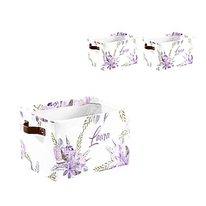 Purple Flower Personalized Custom Text Storage Bins with Handles Shelves Closet Storage Box 2 Pack