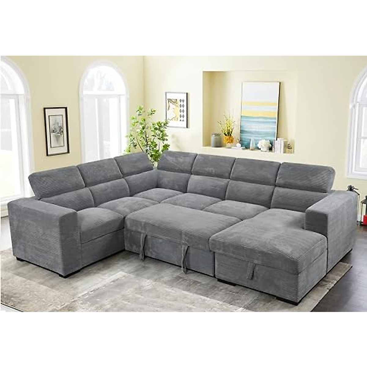 THSUPER Corduroy 123" Oversized U Shape Sectional Sleeper Sofa with Pull Out Bed, 7-Seats Sleeper Sectional Sofa with Storage Chaise and Adjustable Headrest for Living Room - Dark Grey