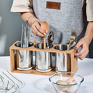 IMEEA Flatware Caddy Stainless Steel Silverware Caddy Kitchen Utensil Holder for Countertop Flatware Organizer Holder with Bamboo Base