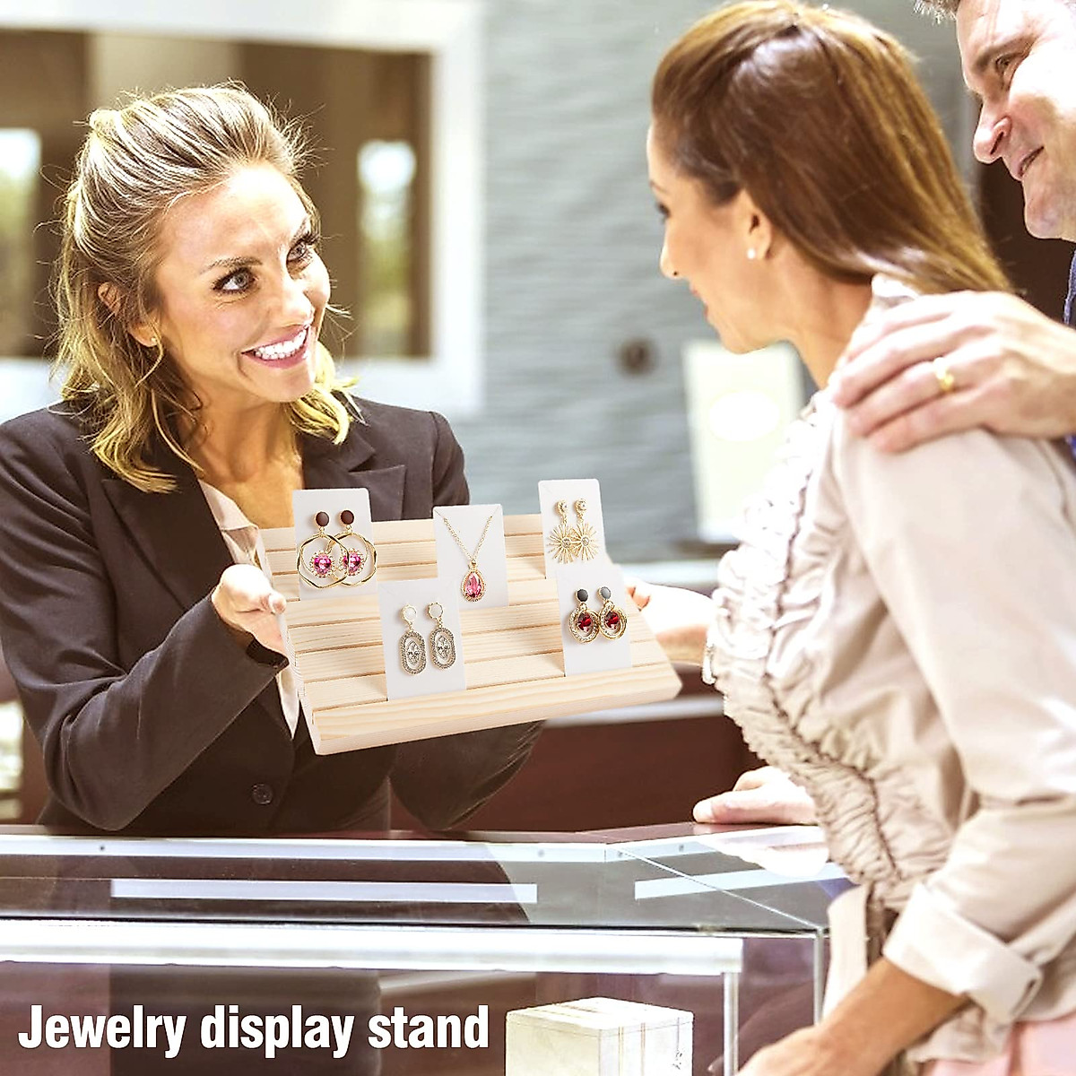 Wooden Earring Display Stand - Portable Holder with 2 Detachable Pegs + 200pcs Cardboard for Selling Earrings & Jewelry Show Business Card Holder (Wood Color)