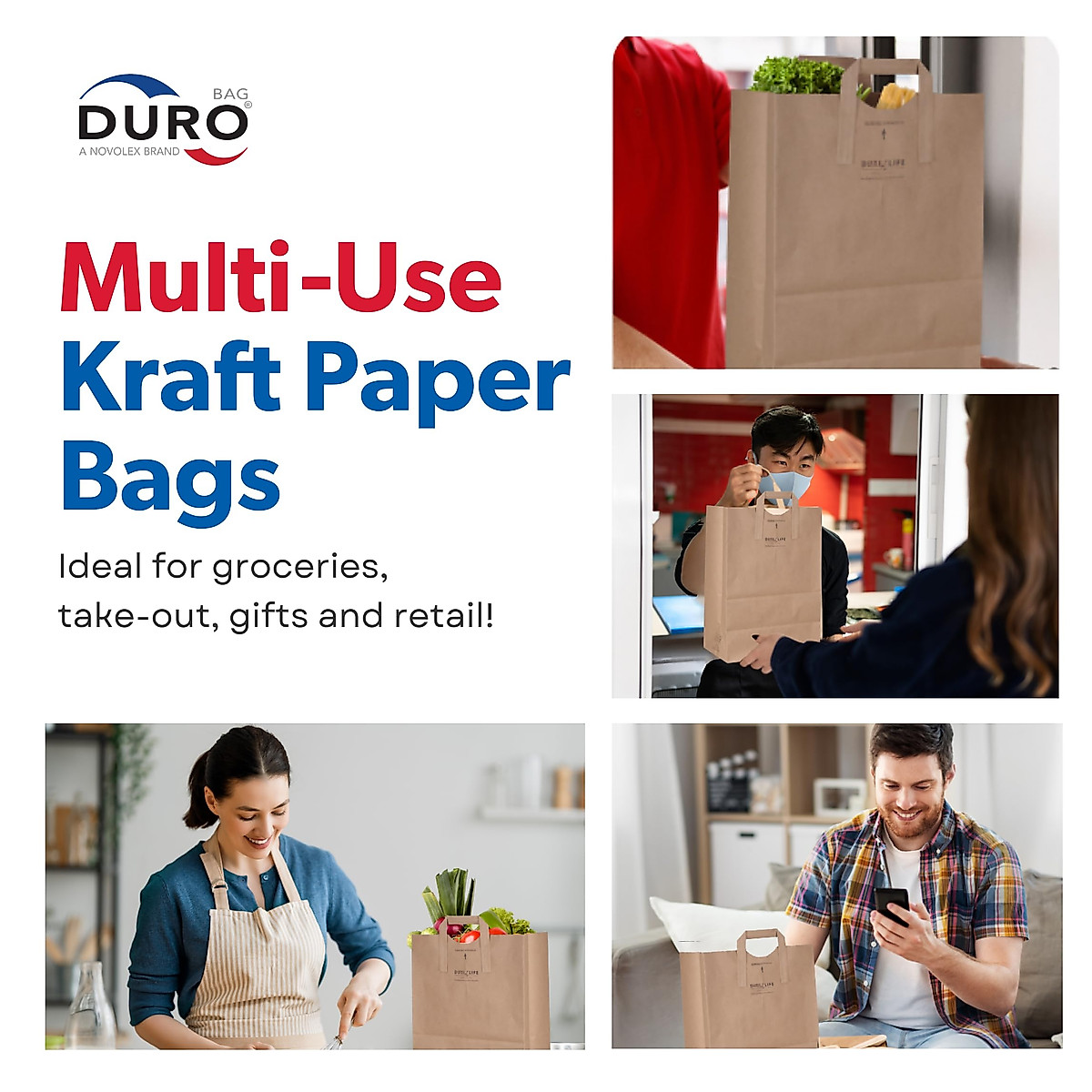 Duro 70# Large Brown Paper Bags with Handles Bulk 50 Count, 12 x 7 x 17 Inches, Blank Brown Grocery Bags with Handles, Paper Sacks for Recycling